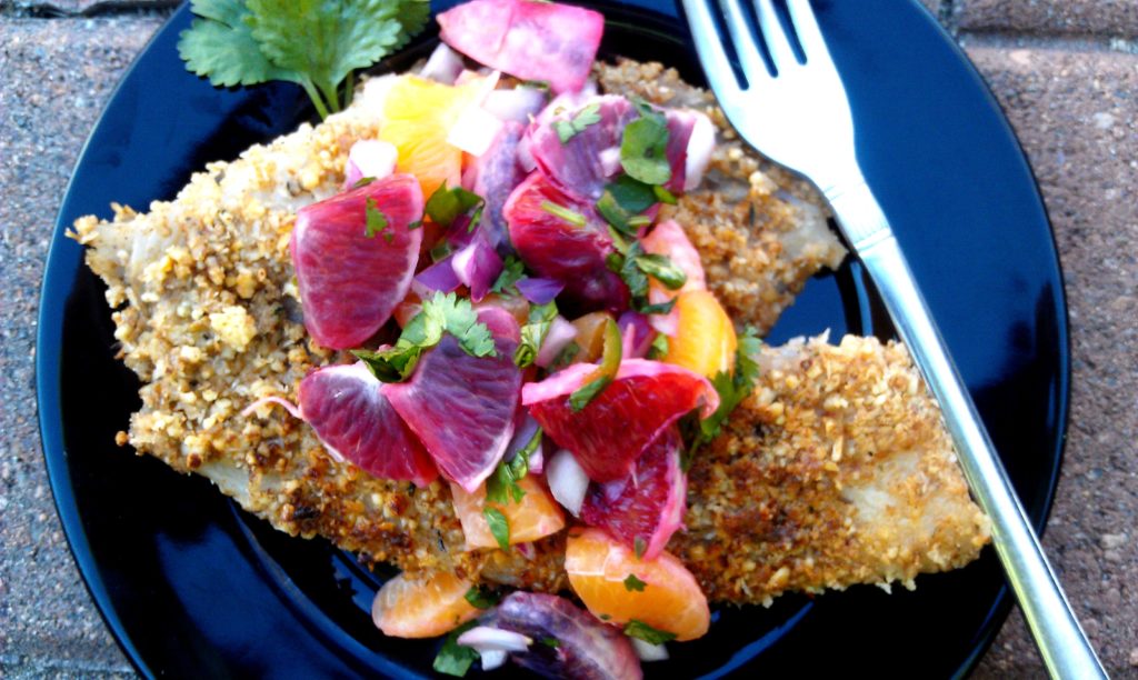 Blood Orange Salsa over Pecan Encrusted Tilapia - PaleOMG