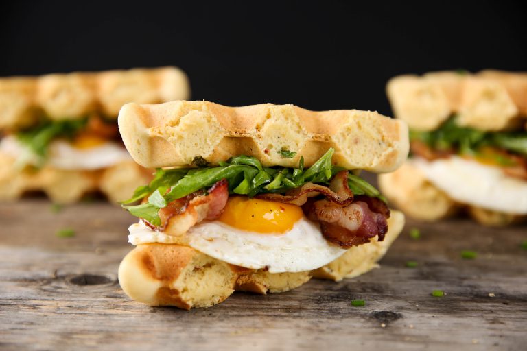 Bacon & Egg Breakfast Waffle Sandwiches - PaleOMG