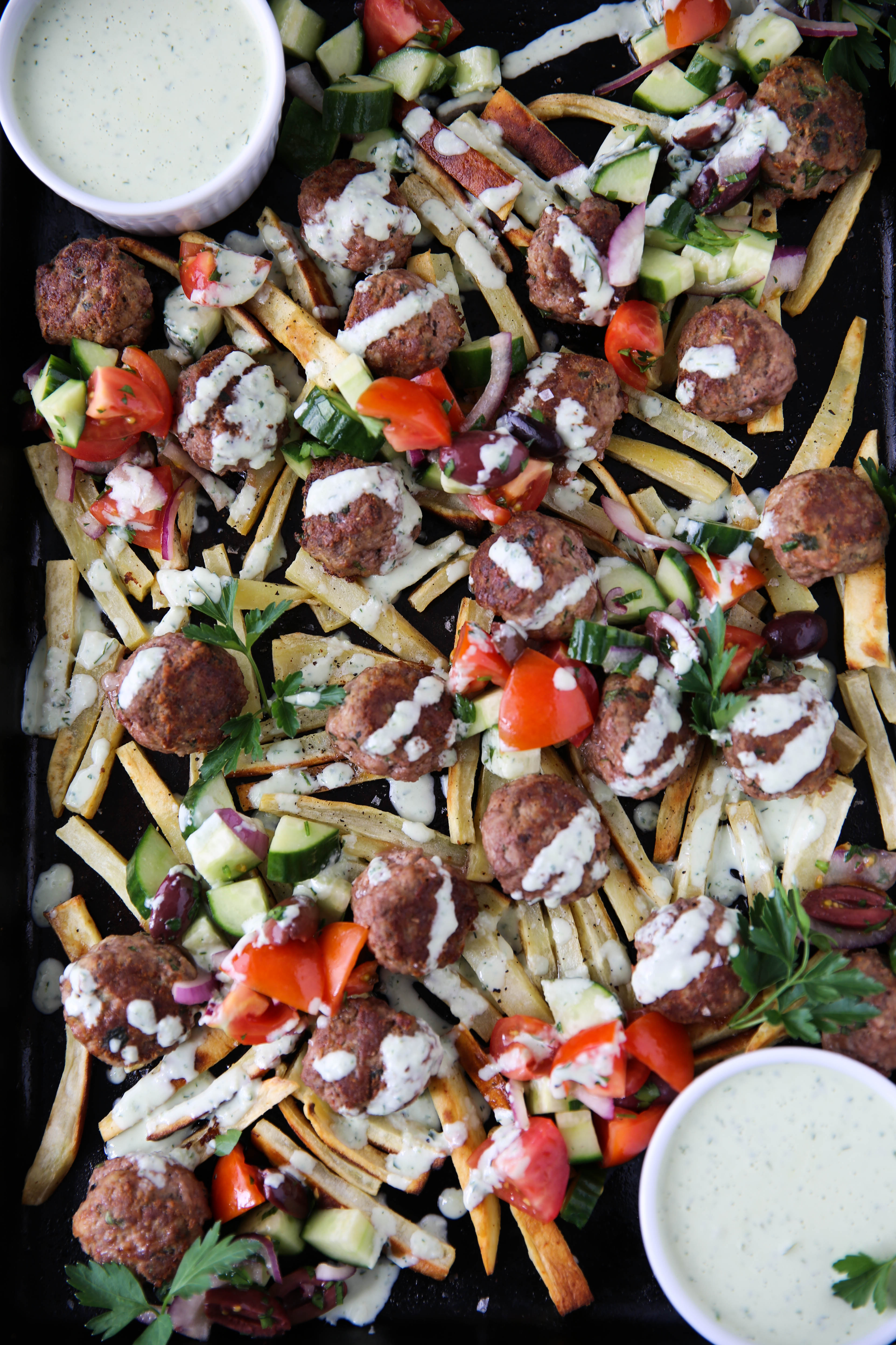 Gyro Meatball Loaded Fries w/ Tzatziki Sauce - PaleOMG.com