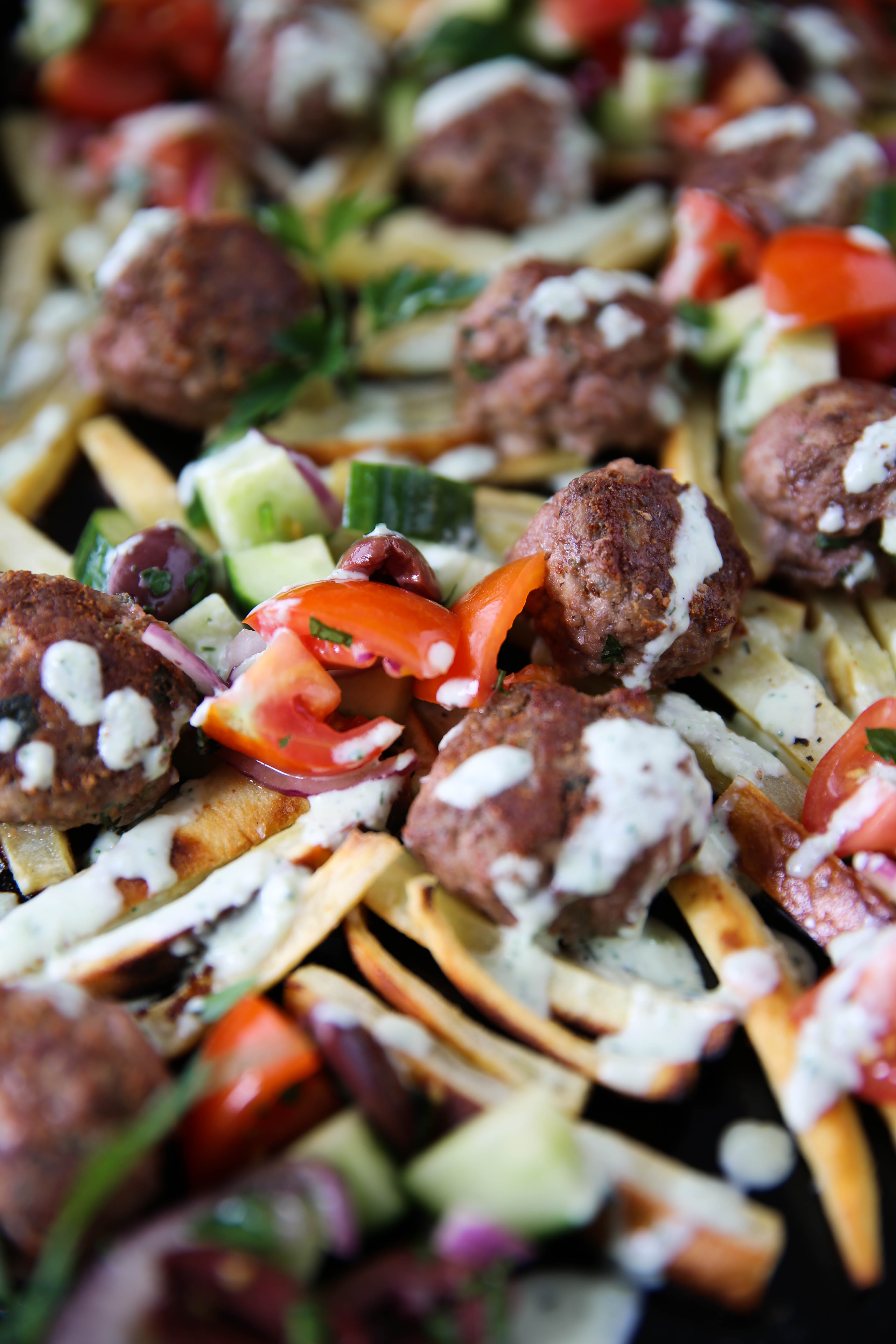 Gyro Meatball Loaded Fries w/ Tzatziki Sauce - PaleOMG.com