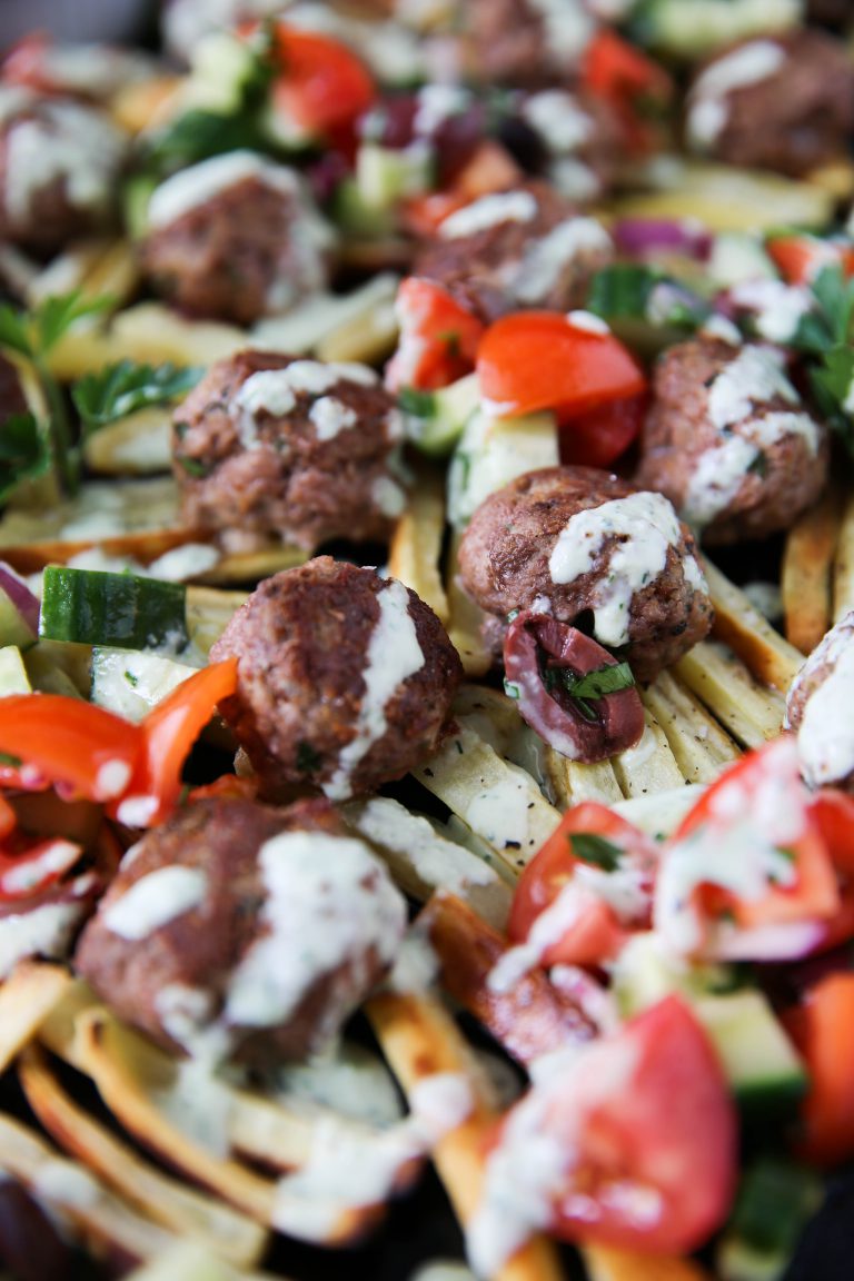 Gyro Meatball Loaded Fries w/ Tzatziki Sauce - PaleOMG