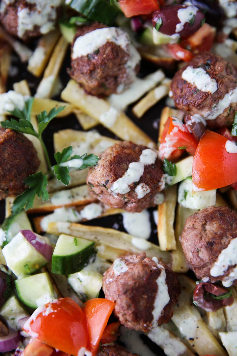 Gyro Meatball Loaded Fries w/ Tzatziki Sauce - PaleOMG